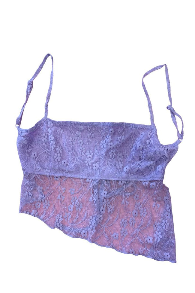Edikted Semi-Sheer Purple Lace Asymmetrical Top, medium – Minissentials